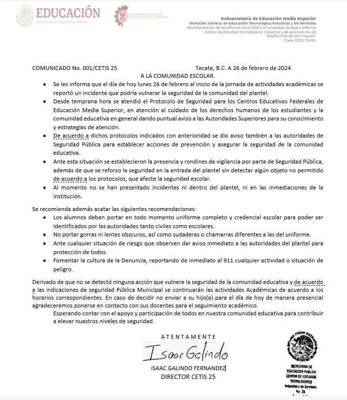 TECATE || COMUNICADO OFICIAL DE CETIS 25 TRAS POSIBLES AMENAZAS ...